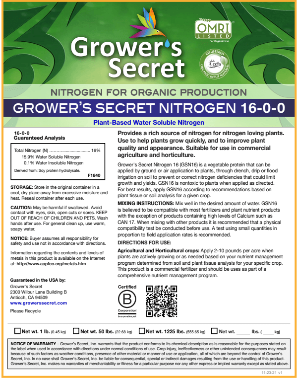 Grower's Secret Nitrogen 16-0-0 – MASS Hydroponics